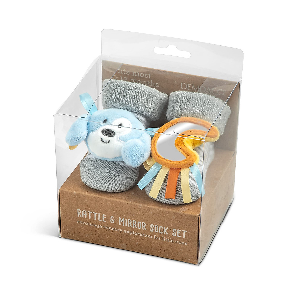 DEMDACO Puppy 3-6 Months Blue and Grey Baby Rattle and Mirror Activity Sock Set