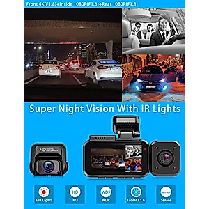 BPYY 3 Channel 4K Dash Cam, 4K+1080P+1080P Front and Rear and Interior, Dash Camera for Cars Built-in 5G WiFi GPS, HD Camera, 24-Hour Parking Mode, WDR, IR Night Vision, G Sensor, Support up to 256G