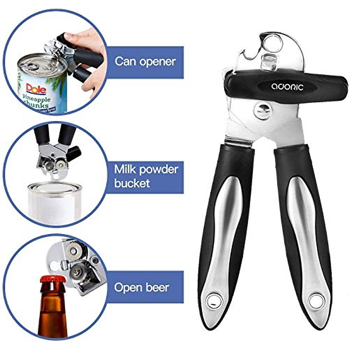 Can Opener, Stainless Steel Manual Can Opener, Food-Safe, Multifunctional Bottle Openers with Non-Slip Handle & Oversized Turn Knob, Smooth Edge, Ultra Sharp Cutting for Seniors with Arthritis