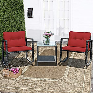 DORTALA 3 Pieces Patio Furniture Set, Rattan Rocking Chair and Glass Coffee Table for Backyard PoolsideOutdoor Wicker Conversation Set w/Cushioned Seat, Set of 3 Patio Bistro Set, Burgundy