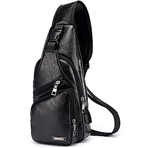 Men's Leather Sling Bag Multipurpose Daypack Shoulder Chest Crossbody Bag Black with USB Charging Port (Black)