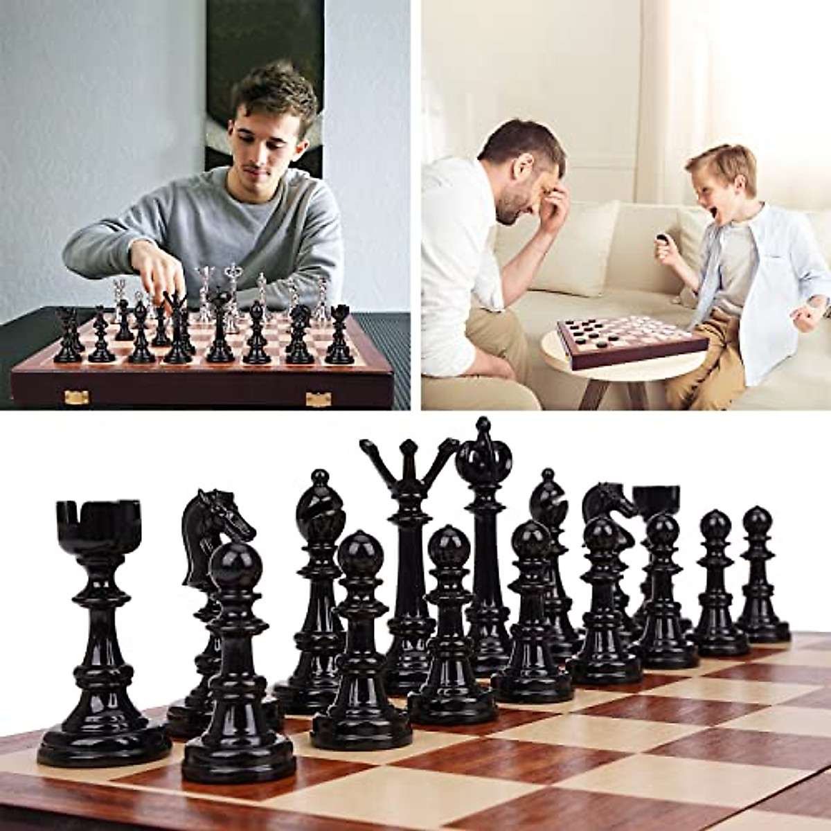 15" Metal Chess Sets for Adults Kids Checkers Game Set (2 in 1) with Black Silver Chess Pieces & Portable Folding Wooden Chess Board Travel Chess Sets Board Metal Staunton Chess Pieces, & Storage Box