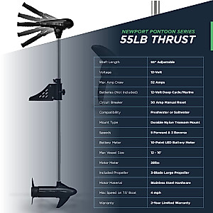 Newport Pontoon-Series 55lb Thrust Saltwater Electric Pontoon Trolling Motor with Deck Mount Bracket & 55" Shaft