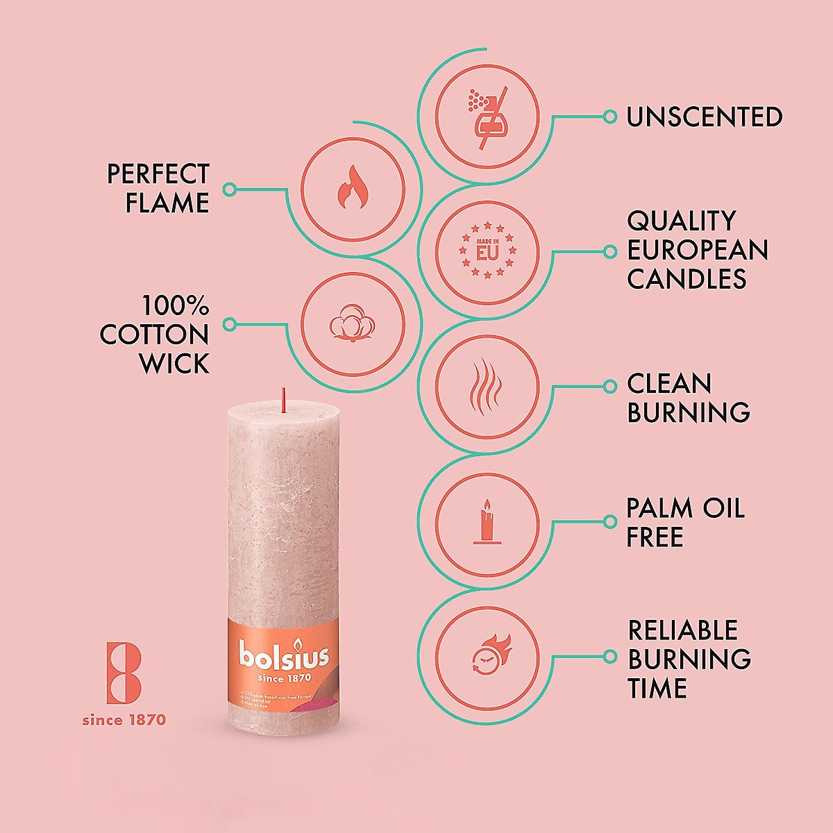 BOLSIUS 4 Pack Misty Pink Rustic Pillar Candles - 2.75 X 7.5 Inches - Premium European Quality - includes Natural Plant-Based Wax - Unscented Dripless Smokeless 85 Hour Party and Wedding Candles