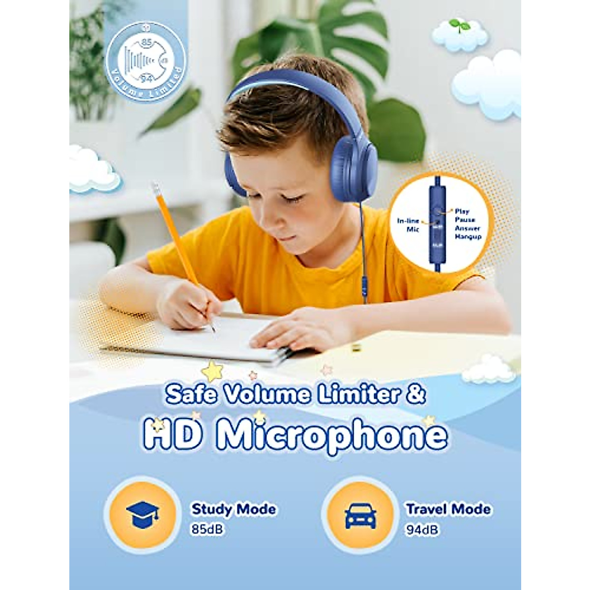 iClever Smiley Kids Headphones Wired, 85/94dB Volume Limited, Over-Ear Headphones for Kids with Share Port, Stereo Sound, Foldable Kids Headphones for School/Travel/iPad/Fire Tablet, Blue