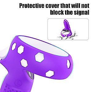 VR Controller Grip Cover, Silicone Face Cover, Protective Lens Cover, Anti-Throw Protector with Adjustable Straps, Full Cover Handle Sleeve for Oculus Quest 2 (purple 01)
