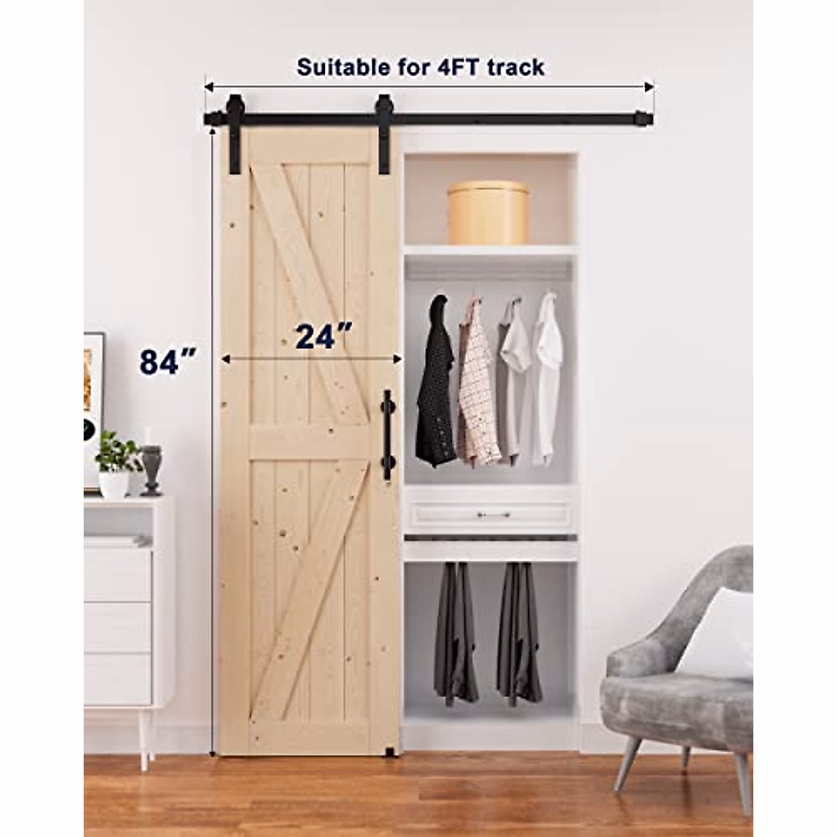 WINSOON 24in x 84 in Sliding Barn Door Interior Paneled Slab, DIY Unfinished Barn Doors Solid Spruce Wood, K Frame Planks, Pre-Drilled, Bottom Grooved, Easy to Install, Natural…