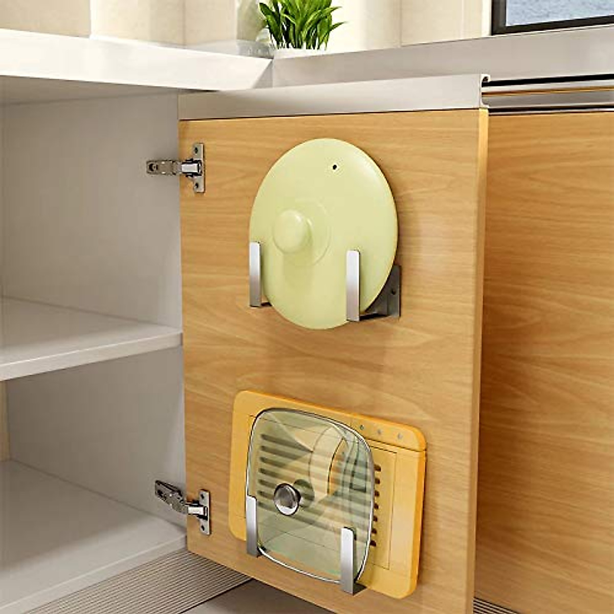 Pot Lid Rack, Wall Mounted 304 Stainless Steel Pan Lid Organizer Holder, 3M Self Adhesive, Kitchen Cooking Utensil Tool (Silver, Set of 2)