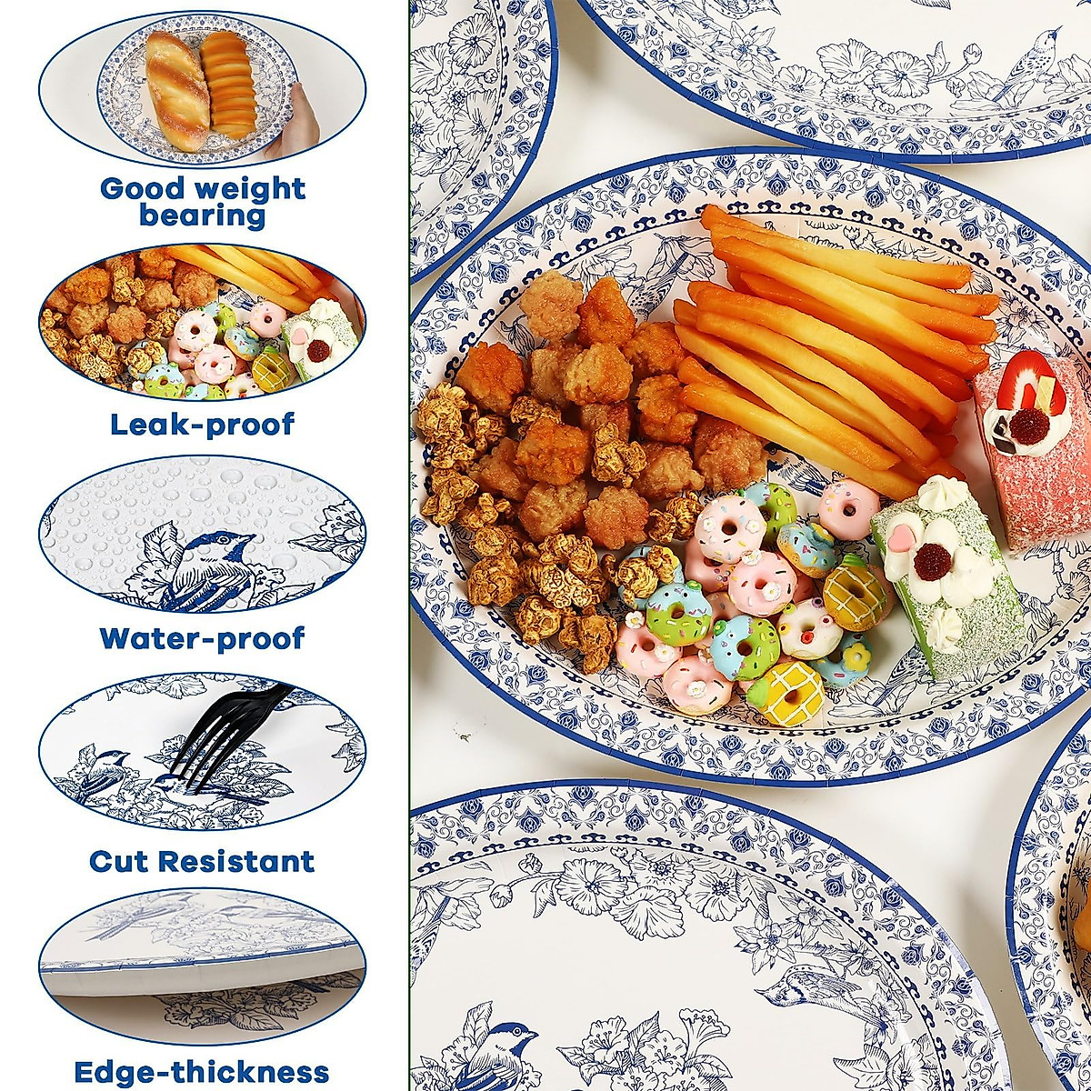 50 PCS Blue Floral Oval Paper Plates Blue & White Floral Party Tableware Set Blue and White Flowers Disposable Party Supplies Bridal Birthday Baby Shower Tea Dinnerware Plates Napkins Forks Serve 50