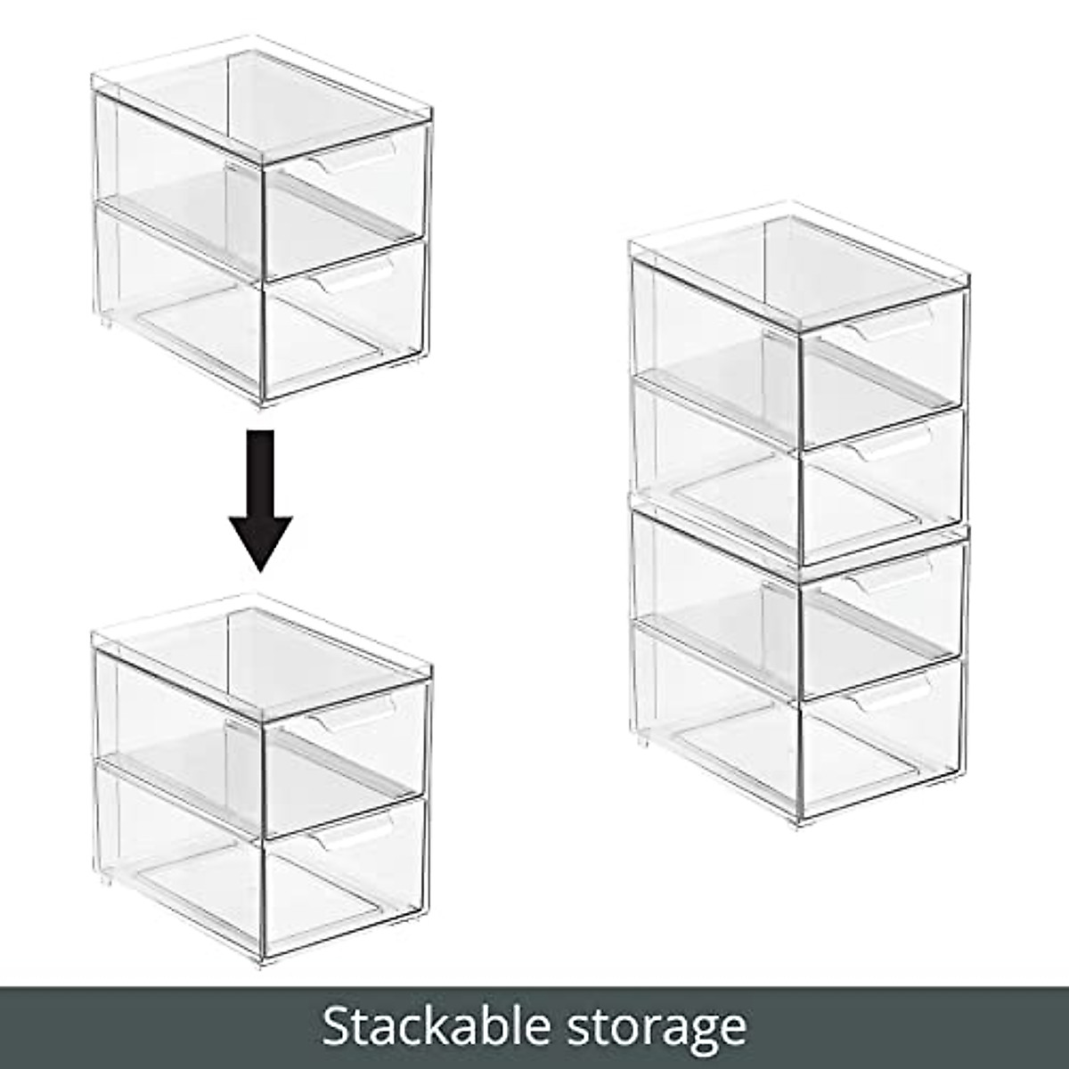 mDesign Stackable Storage Containers Box with 2 Pull-Out Drawers - Stacking Plastic Drawer Bins for Master or Guest Bathroom, Linen Closet, Vanity, or Makeup Table - Lumiere Collection -Clear