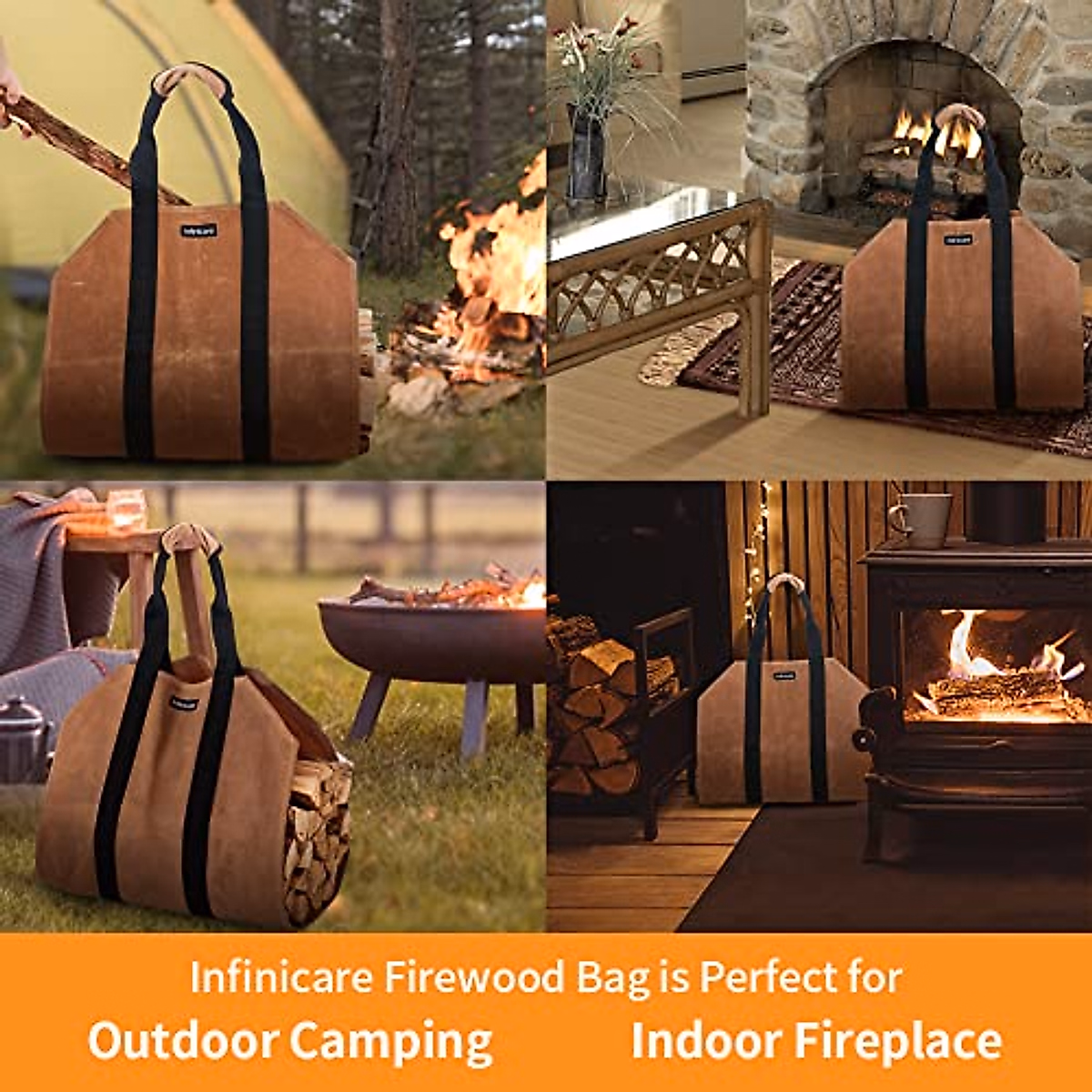 Infinicare Firewood Carriers with Handles - Heavy Duty Canvas Firewood Bag with Handles - Durable Wood Carrier for Firewood, Suitable for Indoor Fireplace and Outdoor Camping - Brown