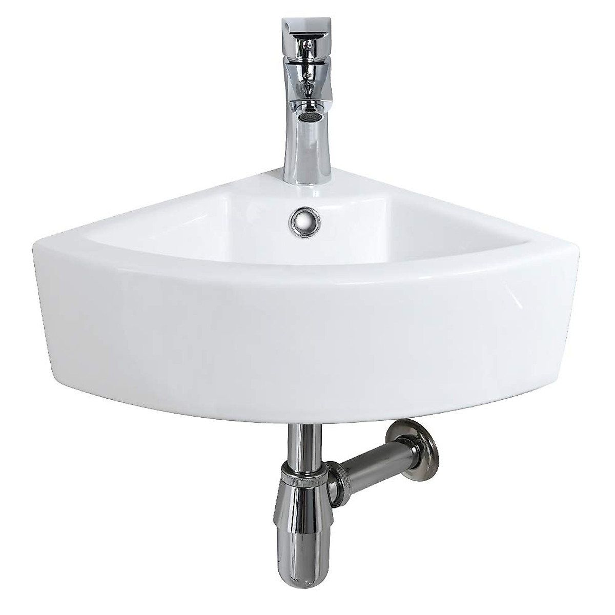 Wall Mount Small Corner Bathroom Sink and Faucet Combo with Overflow Triangle White Porcelain Ceramic Wall Hung Mini Vanity Space Bathroom sink, Faucet and Drain Combo