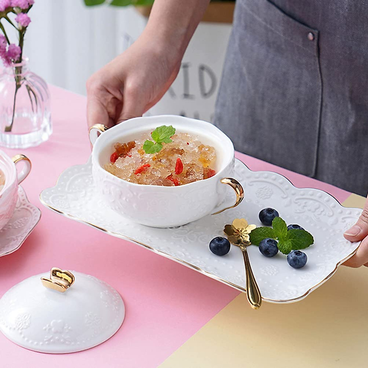 Hemoton Coffee Cups Ceramic ceramic stew pot with tray lid and porcelain soup bowl steam bowl soup bowl steaming cup food bowl for kitchen egg custard medicinal birds white Decaf Coffee