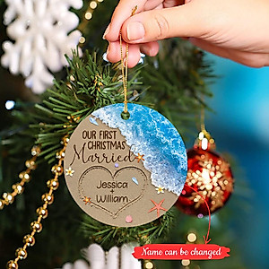 Personalized Our First Christmas Married Beach Ornament Sea 2024, Custom Just Married Christmas Ornament, Beach Wedding Gifts for Couples, Newlywed Christmas Decoration for Home, Bridal Shower