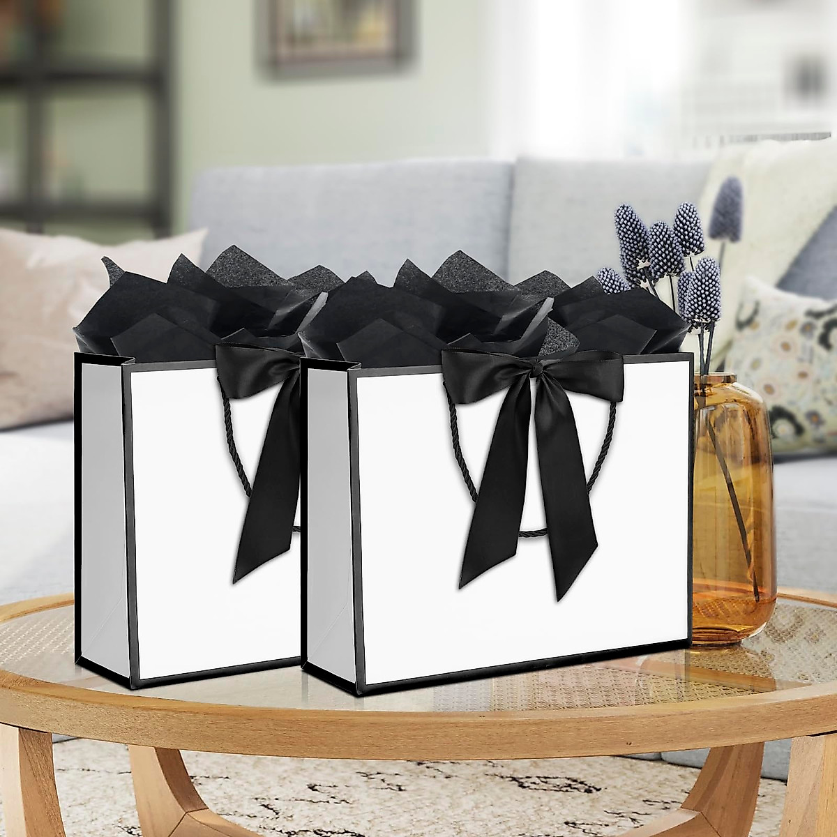12 pcs White Gift Bags with Handles 12.5x4.5x10 Inches Large Paper Bags with Bow Ribbon and Tissue Paper Gift Wrap Bags for Birthday Bridesmaid Party Wedding Baby Shower Valentines, White-Black