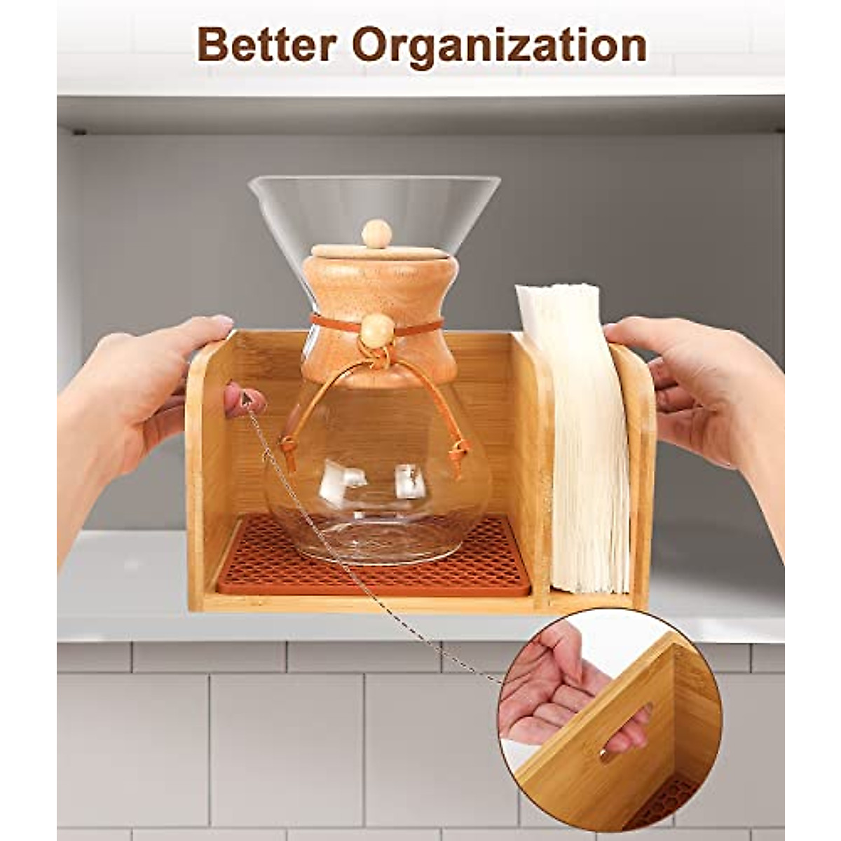 PrimZooty Bamboo Caddy for Chemex CoffeeMakers - with Heatproof trivets mat, Designed for Chemex Pour-Over Glass Coffeemaker(3/5/6/8/10Cup), for Bodum Pour Over Coffee makers(4/8Cup)