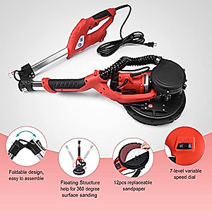 Seeutek Drywall Sander with Vacuum,800W Electric Sander,7 Variable Speed Power Sander,800-1750 RPM Wall Sander with Extendable Handle, LED Light, Long Dust Hose, Storage Bag,12pcs Sanding Paper