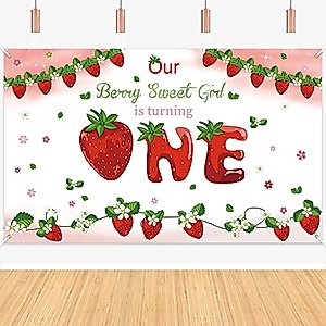 Strawberry 1st Birthday Backdrop for Girls, Our Berry Sweet is Turning Baby Girls First Birthday Background, 42.9 x 70.2 inches Photography Props Summer Fruits Kids Party Decorations