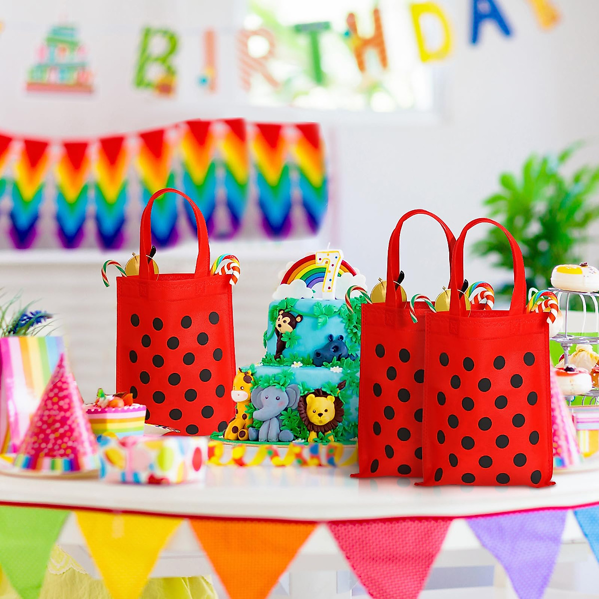 Sumind 24 Pieces Ladybug Party Favors Bags Ladybug Watermelon Goodie Gift Bags Red Black Polka Dot Non Woven Bag with Handles for Birthday Party Decoration Supplies