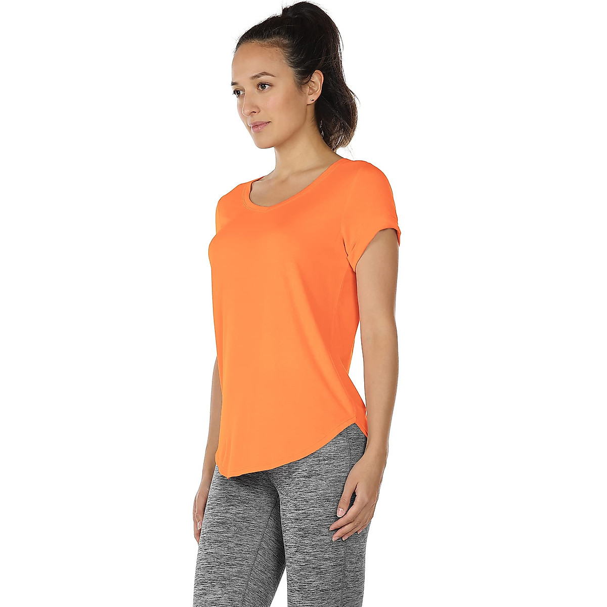 icyzone Open Back Yoga Shirts for Women - Exercise Workout Tops, Athletic Short Sleeves, Running T-Shirts Loose Fit (Orange, L)
