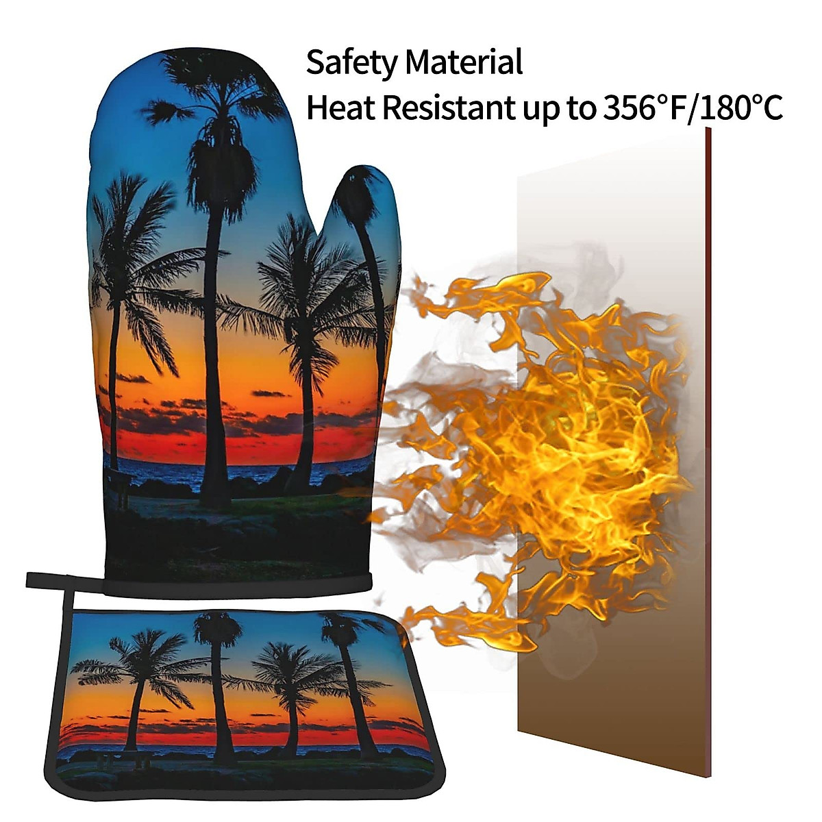Sunset Beach Palm Tree Oven Mitts and Pot Holders Sets of 2, Non-Slip Cooking Hot Pads Washable Heat Resistant for Kitchen Microwave BBQ Baking Grilling