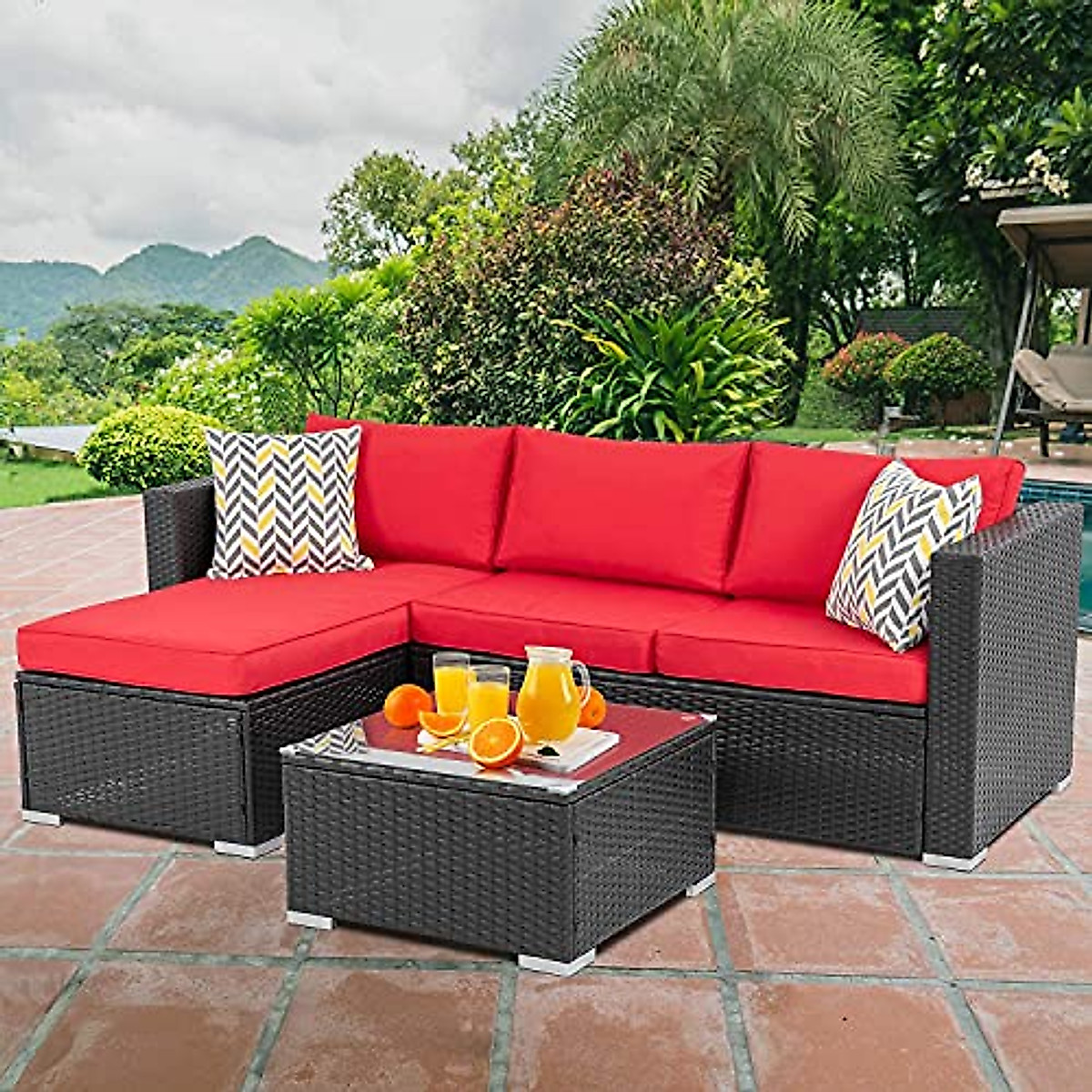 Walsunny Patio Furniture Set 3 Piece Outdoor Sectional Patio Sofa, All Weather Wicker Rattan Outdoor Furniture with Glass Table and Cushions(Red)