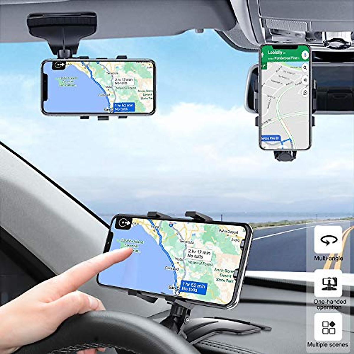 DMJWAN Car Phone Holder, Multifunction Car Dashboard Holder Rearview Mirror with 360 ° Adjustable Spring Clip, Suitable for 3 to 7 Inch Smartphones