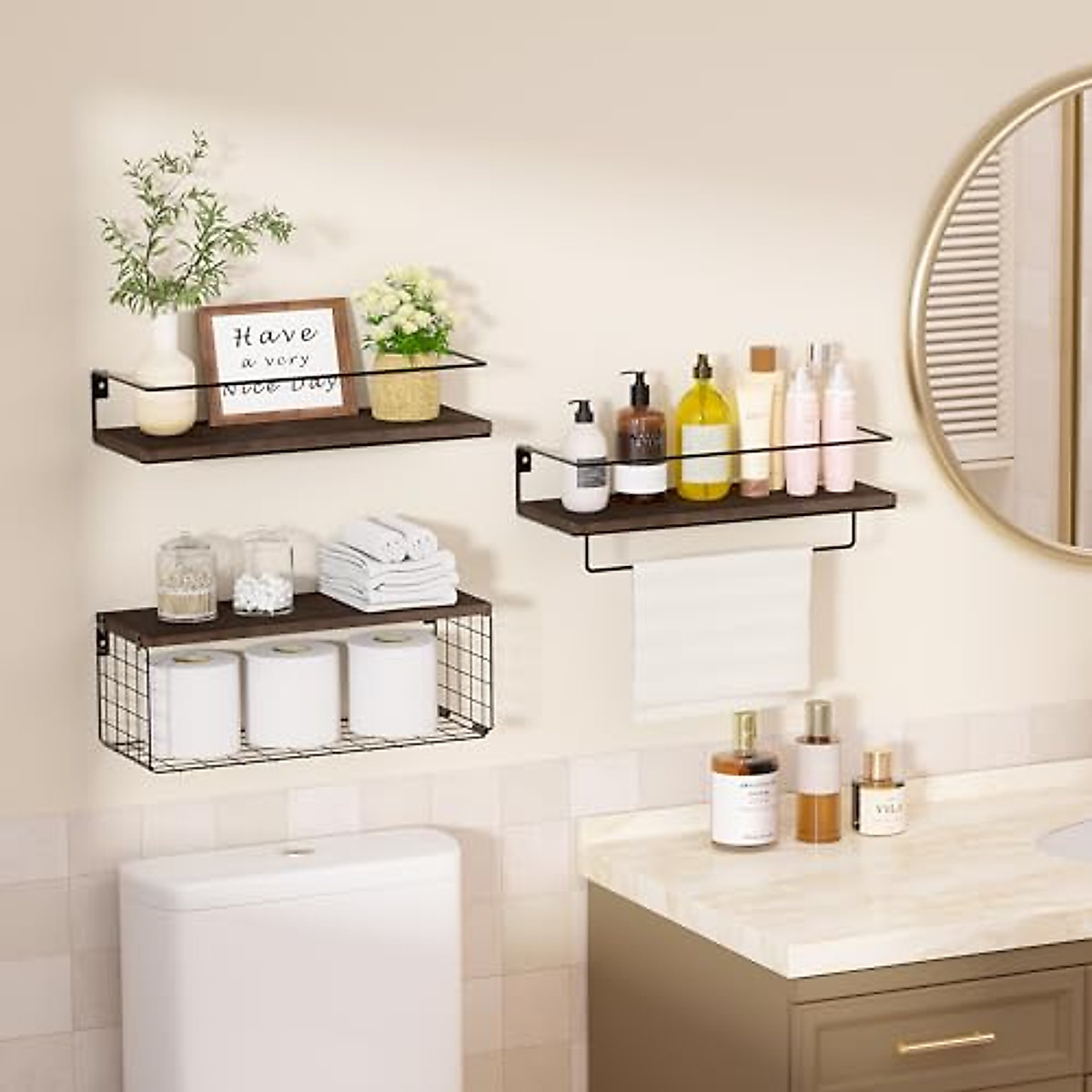 upsimples Bathroom Shelves with Storage Basket, Wall Shelves Over Toilet with Towel Bar and Paper Holder, Farmhouse Wood Floating Shelf for Bedroom, Living Room, Kitchen, Office, Dark Brown Set of 3