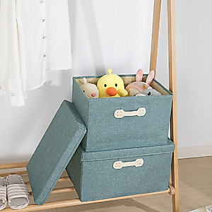 Molizhi Foldable Storage Box with Lid Cotton and Linen Storage Box with Lid Cube Clothes Storage Box Bedroom Closet Storage Box with Lid Handle Storage Box (Green, 35 * 28 * 18CM)