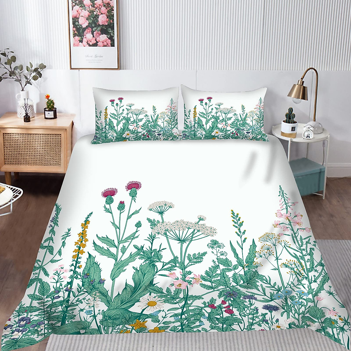 ANHOPE Flower Duvet Cover Set 3pcs Bedding Set with Green Leaf Floral Rustic Wildflower Botanical Print Pattern Soft Comforter Cover with 2 Pillow Shams All Season Quilt Cover with Zipper Queen Size