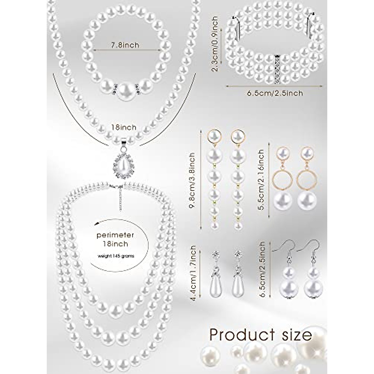 8 Pcs Pearl Necklace Earrings Set for Women, Includes Simulated Pearl Bracelet Faux Pearl Necklace Dangle Earrings (Bright Style)