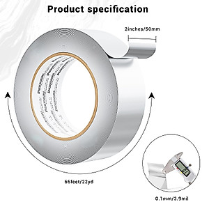 PowerScale Aluminum,Tape 2 inch x (66 Feet 22YD) 3.9 Mil,High Temperature Aluminum Foil Tape,Duct Tape for HVAC, Metal Repair, Cold Air Ductwork,Sealing,Patching,Reflective Foil Tape, Silver