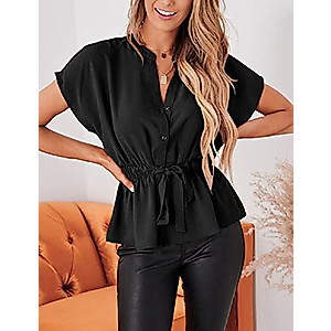 Womens Button Down Blouses Casual Peplum Summer Tops Dressy Chiffon Work Blouse Black