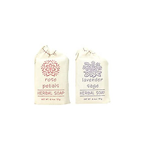 Greenwich Bay Trading Set of 2 Herbal Soaps - Each Individually Wrapped in a Drawstring Cloth Sack - Enriched with Shea Butter & Virgin Olive Oil and Infused with Fresh Botanical Scents - 6.4 Oz Each (Lavender Sage & Rose Petal)