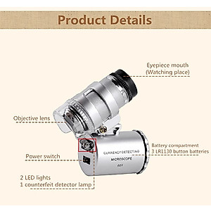 WSJIE 60X Mini Pocket High Power Microscope Professional Jewelry Appreciation Microscope Portable LED UV Magnifier (Color : A, Size : 35 * 40 * 20mm)
