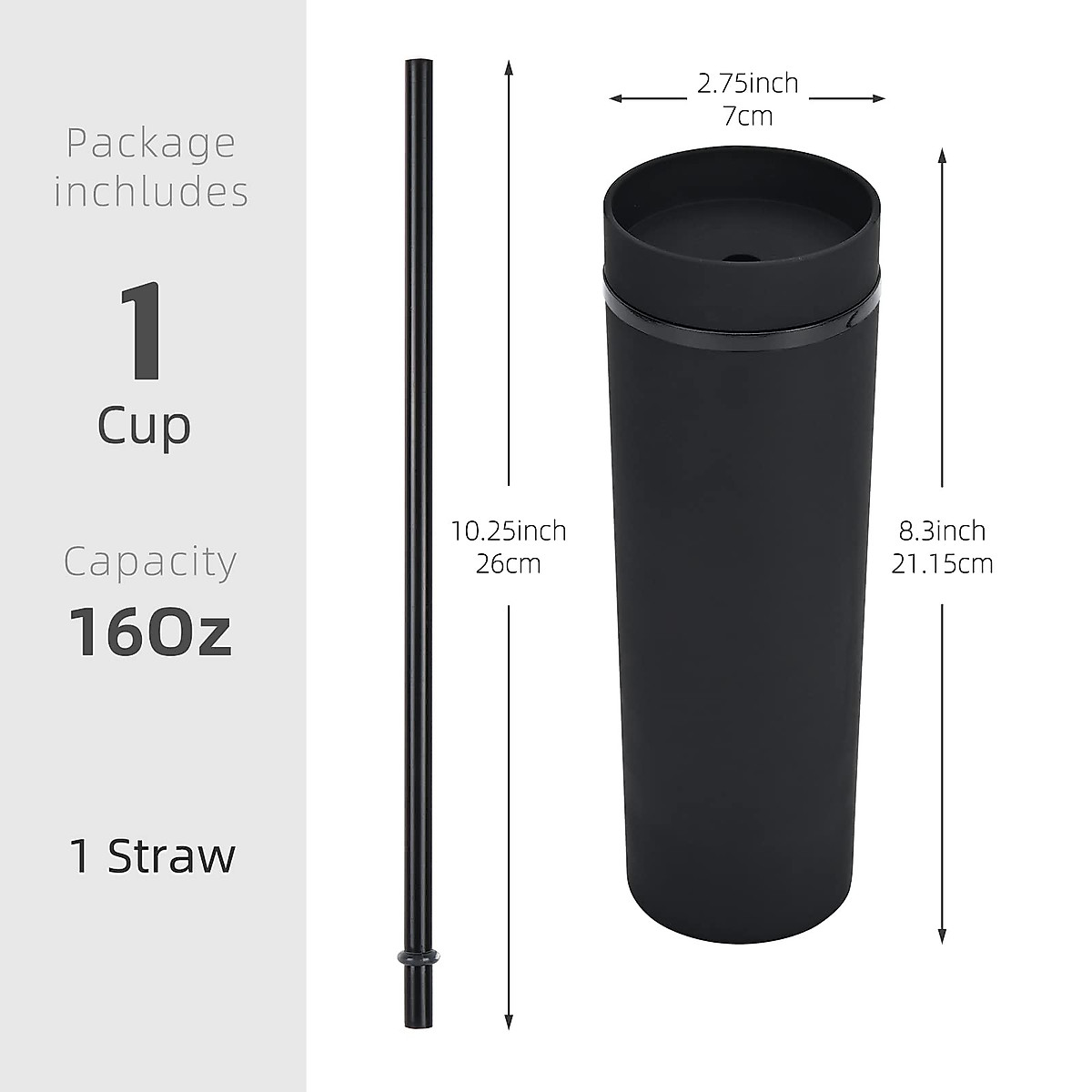 Modwnfy Skinny Tumblers Bulk, 16Oz Matte Black Tumblers with Lids and Straws, Reusable Pastel Acrylic Tumblers, Double Wall Plastic Tumblers for Cold Hot Drinks, DIY Tumblers Cups