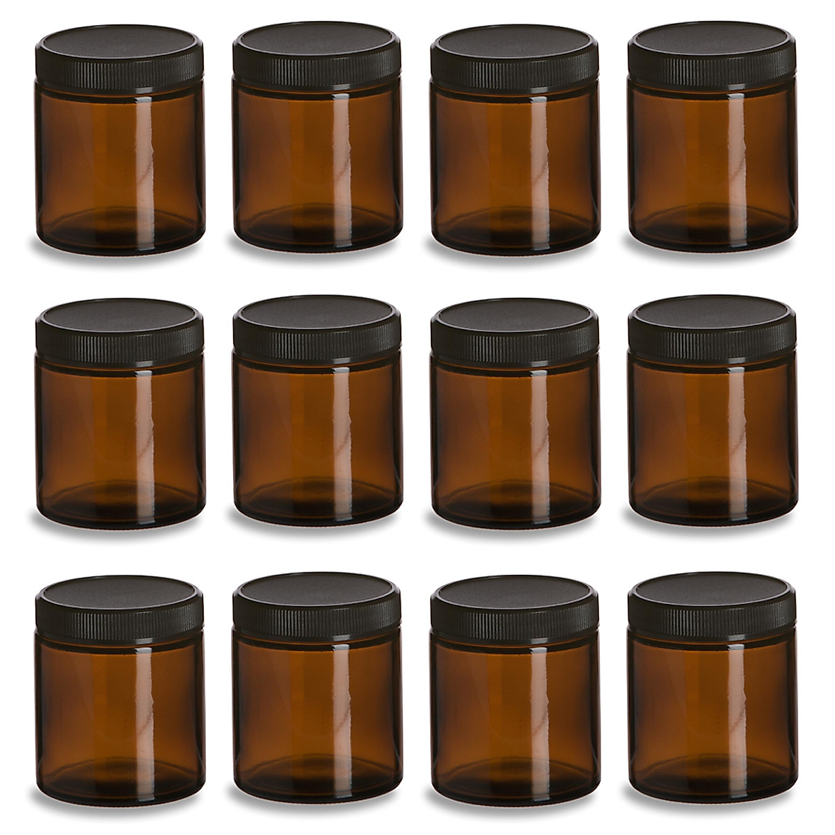 North Mountain Supply 6 Ounce Amber Glass Straight Sided Mason Canning Jars - with 63mm Black Plastic Lids - Case of 12
