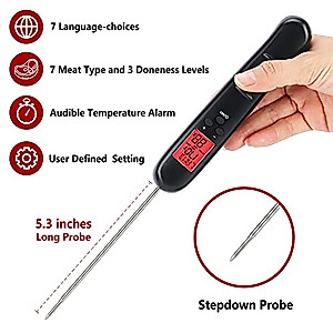 Digital Meat Thermometer,Sound Alarm,Preset Meat Type and Doneness Levels,Homelwsun Instant-Read with LCD Readout Display,for Cooking,Kitchen,Liquids,Candy,Grilling and BBQ.