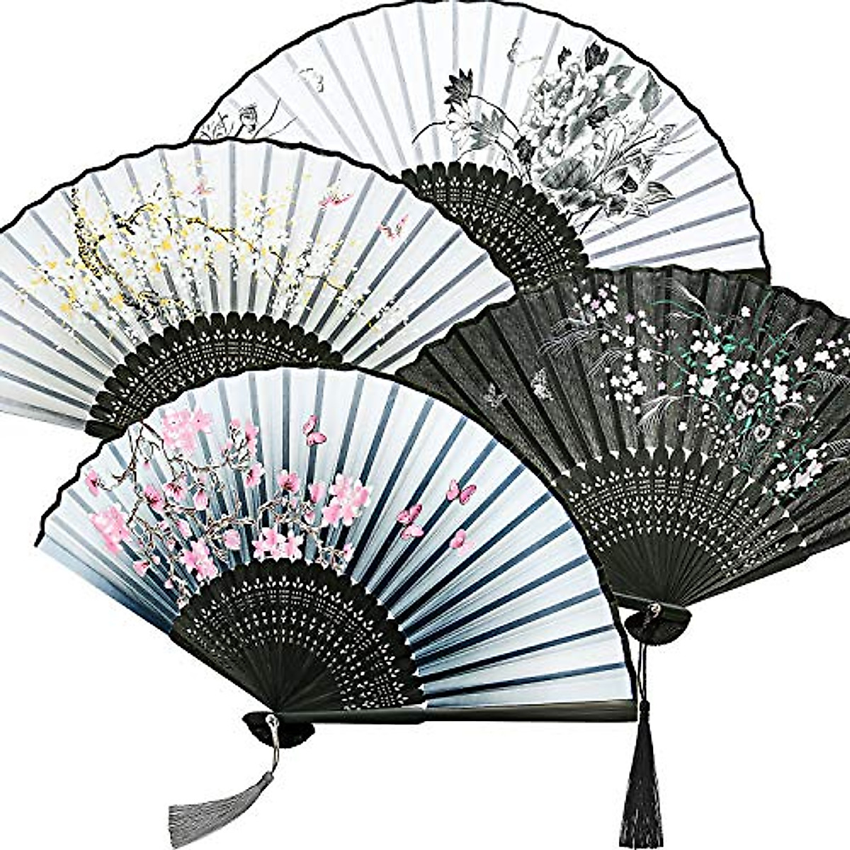 Zonon 4 Pieces Handheld Floral Folding Fans Flower Hand Held Fans Silk Bamboo Fans with Tassel Women's Hollowed Bamboo Hand Holding Fans for Women and Men, 4 Styles