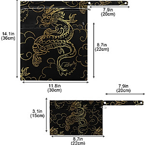 visesunny Gold Dragon 2Pcs Wet Bag with Zippered Pockets Washable Reusable Roomy for Travel,Beach,Pool,Daycare,Stroller,Diapers,Dirty Gym Clothes, Wet Swimsuits, Toiletries