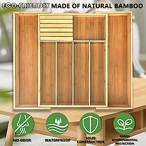 ZROOY Expandable Bamboo Silverware Organizer Drawer for Utensils Holder, 8 Compartments for Drawer Tray with Grooved Drawer Dividers,Removable Knife Block(Natural)