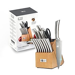 JF JAMES.F Knife Set, 17 Piece Dishwasher Safe Kitchen Knife Set with Block Super Sharp Stainless Steel Knife Sets for Kitchen with Block, Scissors & Built-in Sharpener