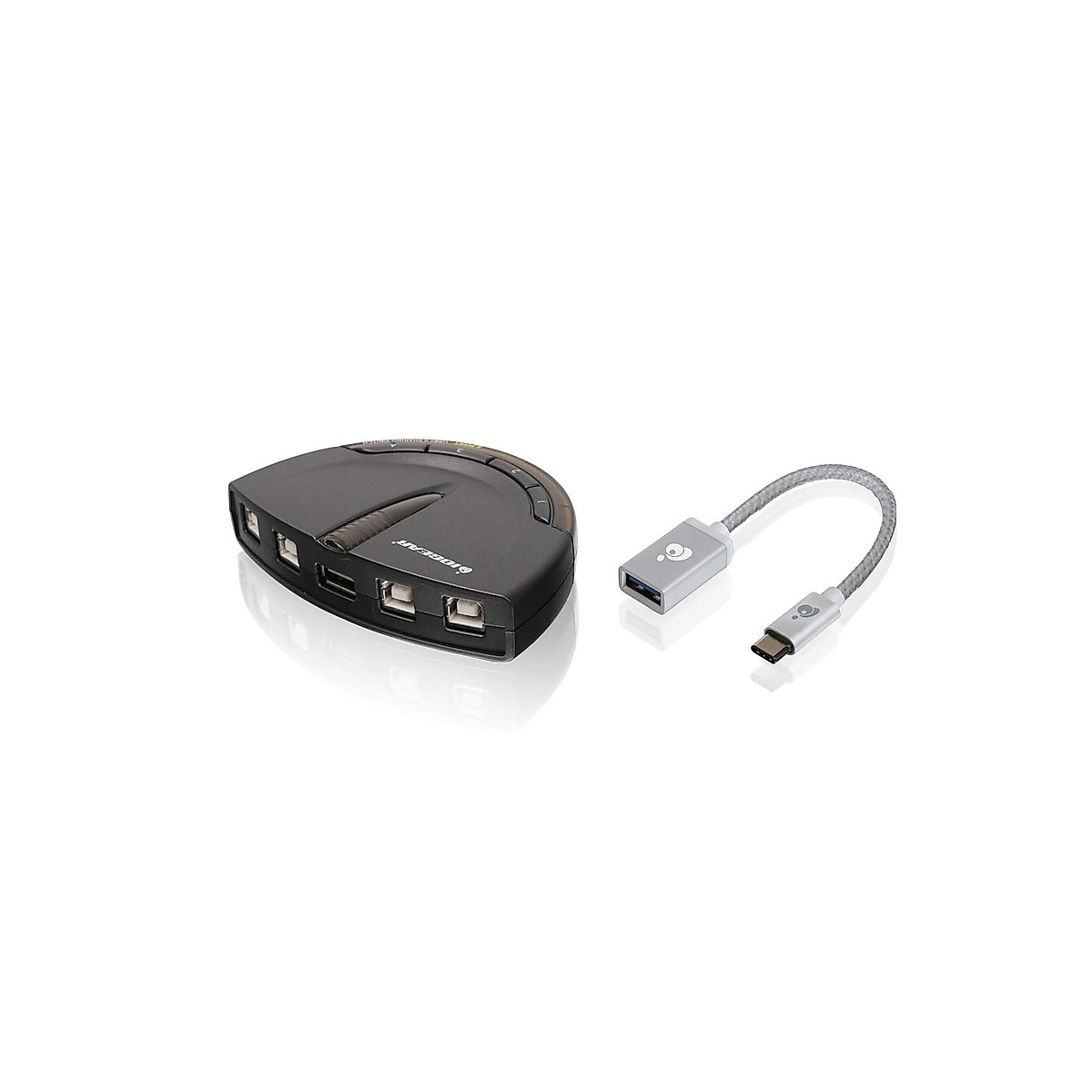 IOGEAR 4 Port USB 2.0 Switch - Auto Printer Switch - USB-A to USB-C Adapter Kit - Manually or Auto Control - LEDs Indicate - Plug N Play - GUB431CA1KIT