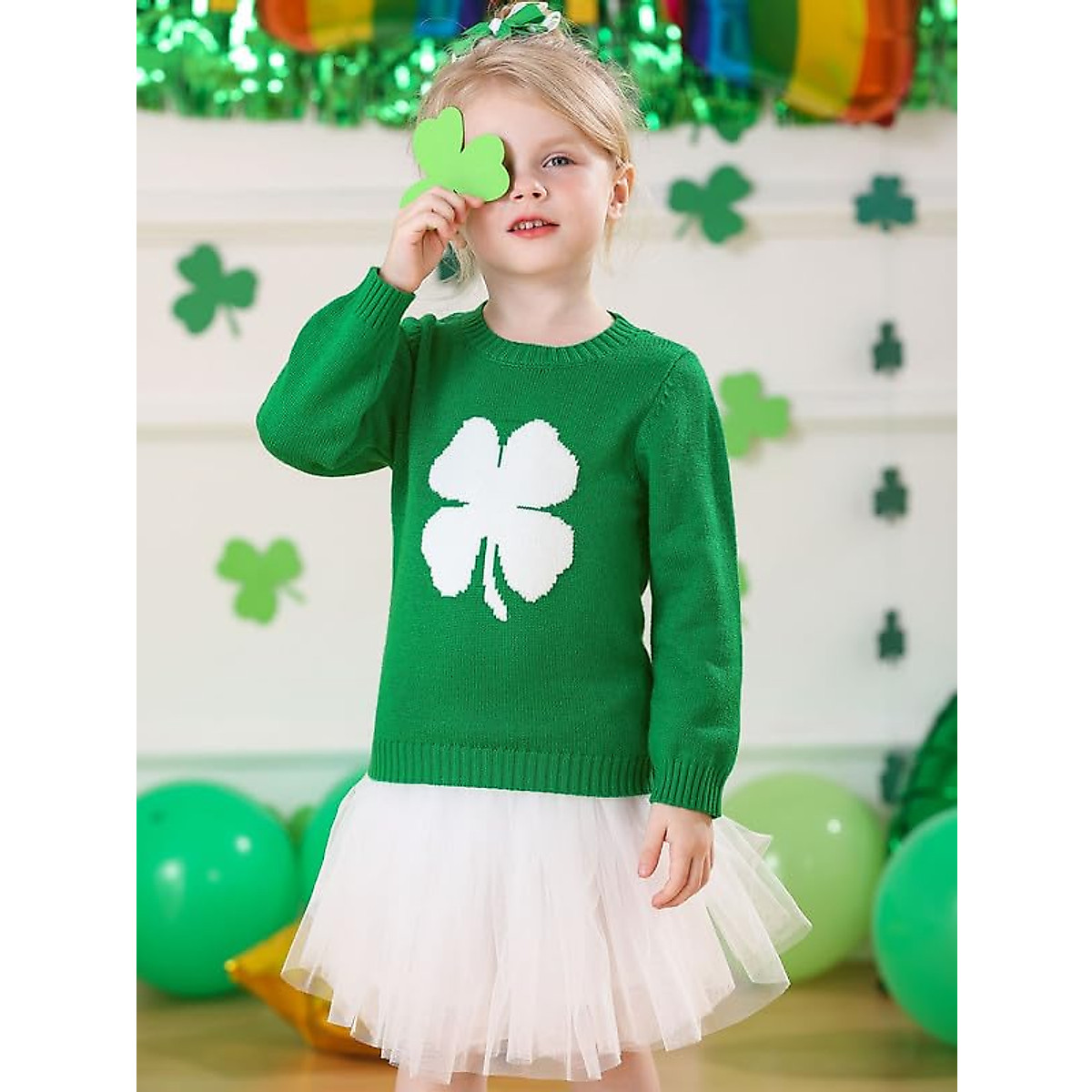 St Patricks Toddler Clover Shamrock Knitted Pullover Irish Sweater Party Lucky Sweatshirt Green 2 Years