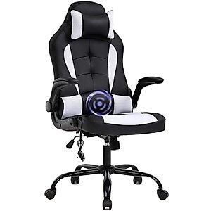 PC Gaming Chair Ergonomic Racing Heavy Duty Office Chair Video Game Chair, Massage Function Lumbar Support with Flip Up Arms & Headrest Nice Chic Desk Chair, Adjustable Best Home Office Chair - White