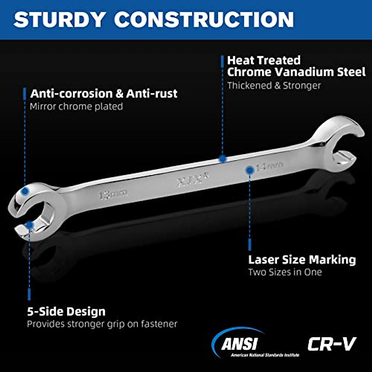 XJX Flare Nut Wrench Set | 11-Piece | SAE & Metric | 1/4"-7/8" and 9-21mm | CR-V Steel | Brake Line Wrenches Set with Rolling Pouch