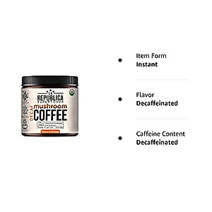 La Republica Organic Decaf Mushroom Coffee with 7 Superfood Mushrooms, Water-Processed Instant Coffee Mix with Lion's Mane, Reishi, Chaga, Cordyceps, Shiitake, Maitake, and Turkey Tail (Regular)
