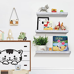 Annecy Floating Shelves Wall Mounted Set of 3, 16 Inch Gray Solid Wood Shelves for Wall, Wall Storage Shelves with Guardrail Design for Bedroom, Bathroom, Kitchen, Office, 3 Different Sizes