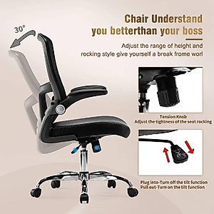 Mesh Office Chair Ergonomic -Adjustable Height, Desk Chair with Wheels Mesh Computer Desk Chair with Flip-up Arms PU Leather Task Chair 300lbs