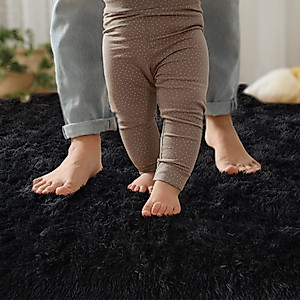 YJ.GWL Fluffy Runner Rug for Bedroom Living Room Soft Shag Rugs 2x6 Feet, Black Plush Carpet Non Slip for Nursery Dorm, Fuzzy Bedside Rug for Kids Boys Girls Room Home Decor